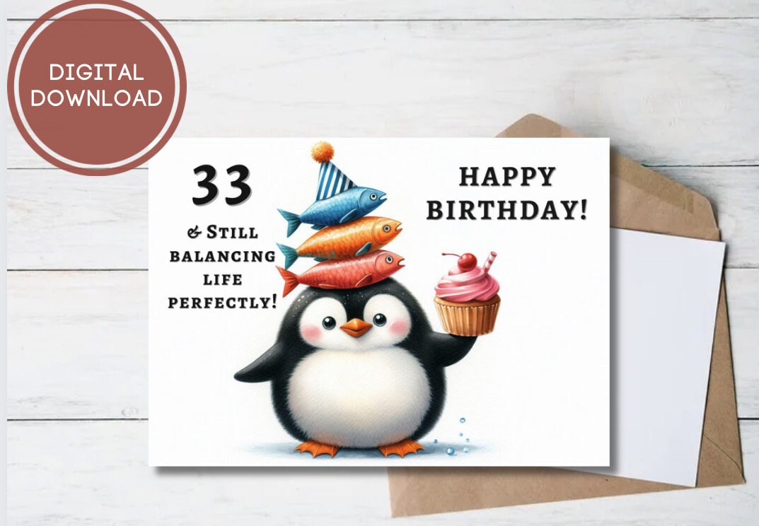 33rd Penguin Birthday Card Printable Digital Download Greeting Cute ...
