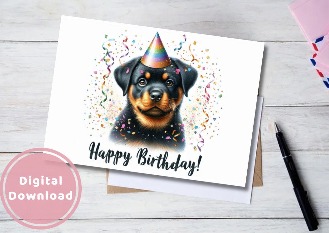 Rottweiler Birthday Card Cute Printable Digital Download Greeting Gift ...