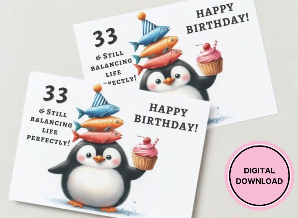 33rd Penguin Birthday Card Printable Digital Download Greeting Cute ...
