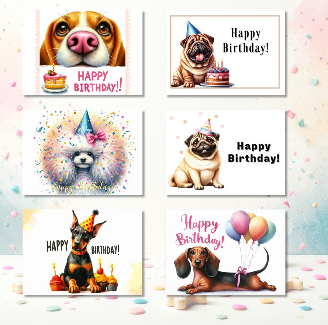 Set of 6 Puppy Birthday Cards Printable Digital Download Greeting Gifts ...