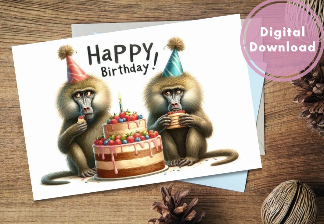 Funny Baboon Birthday Card Printable Monkey Digital Download Greeting ...