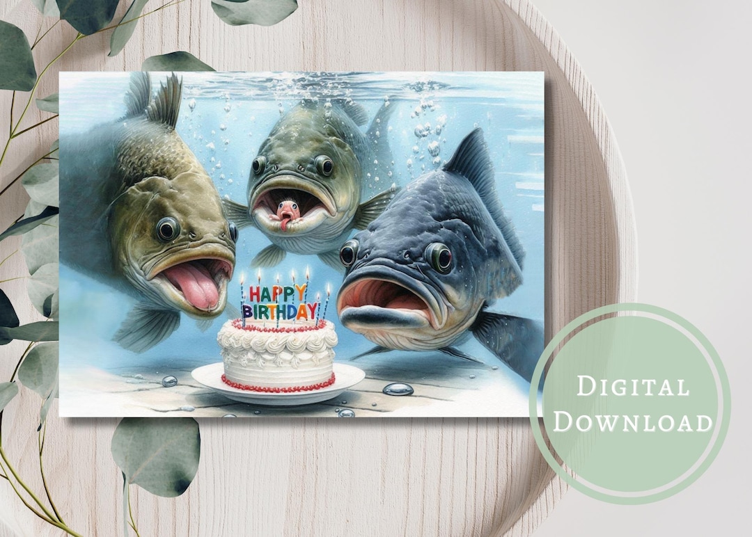Funny Fish Birthday Card Printable Digital Download Greeting Gift for ...
