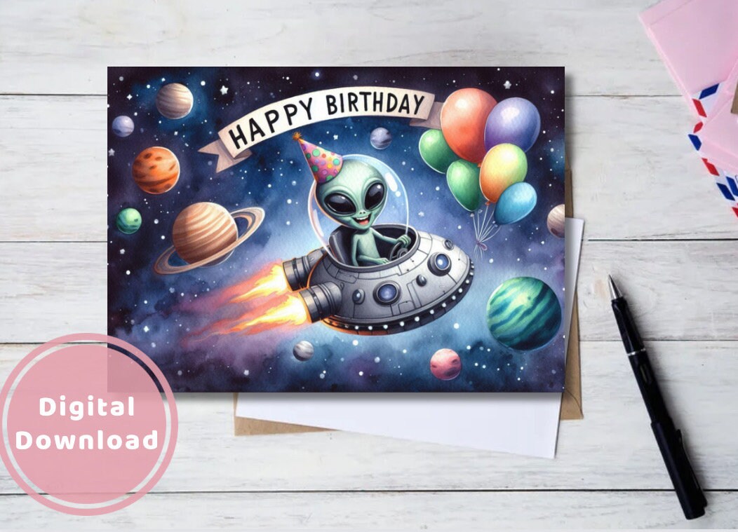 Alien Birthday Card Printable Funny Digital Download Greeting Gift for ...