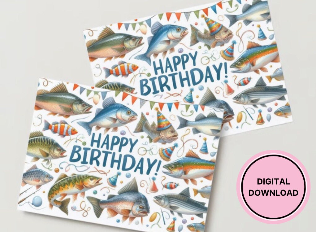 Fish Birthday Card Printable Digital Download Greeting Gift for ...