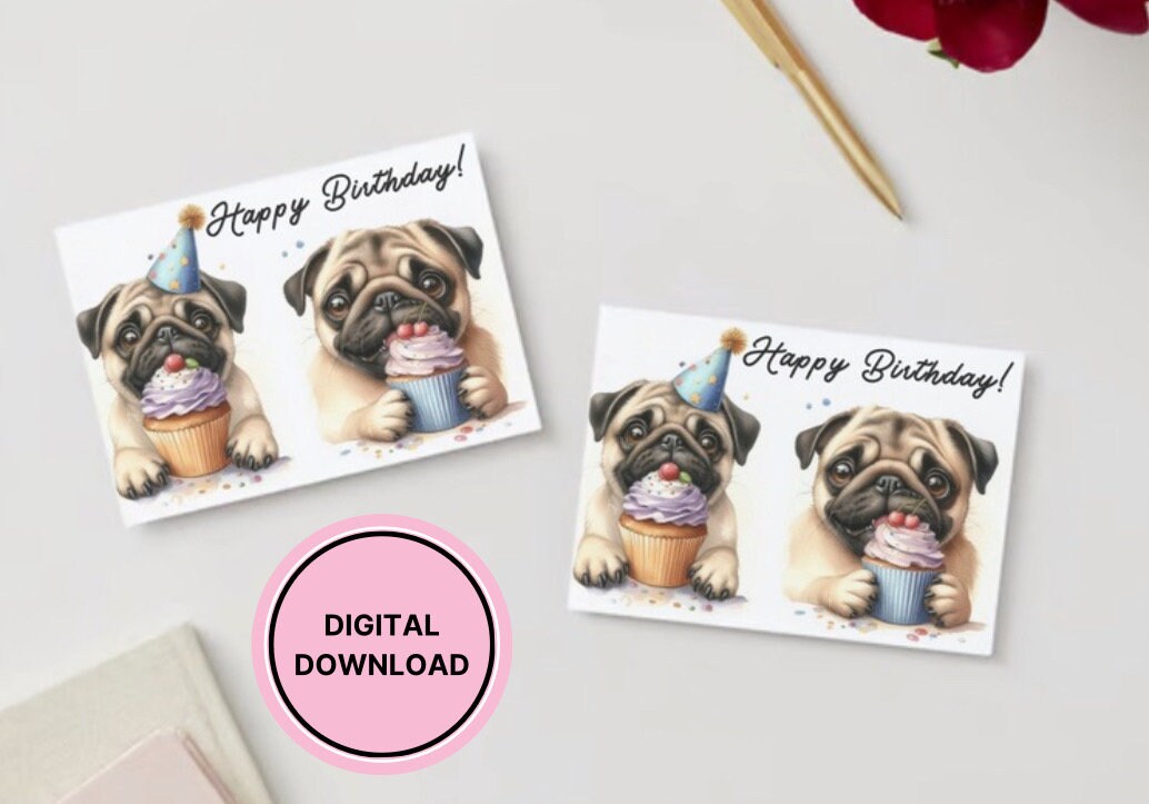 Pug Birthday Card Printable Greeting Digital Download for Dog Lovers - Etsy