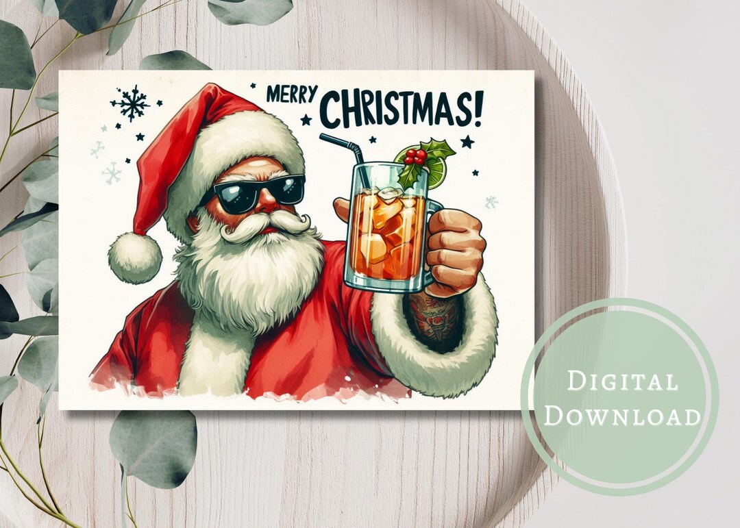 Cool Dude Santa Christmas Card Printable Digital Download Holiday ...