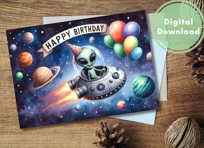 Alien Birthday Card Printable Funny Digital Download Greeting Gift for ...