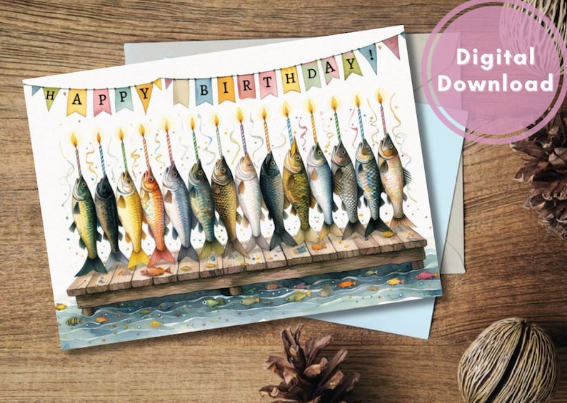 Fishing Birthday Card Printable Fish Digital Download Greeting Gift for ...