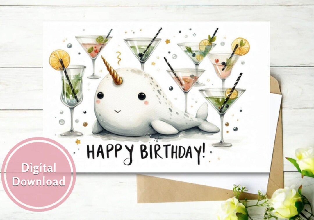 Cute Narwhal Birthday Card Funny Printable Digital Download Greeting ...