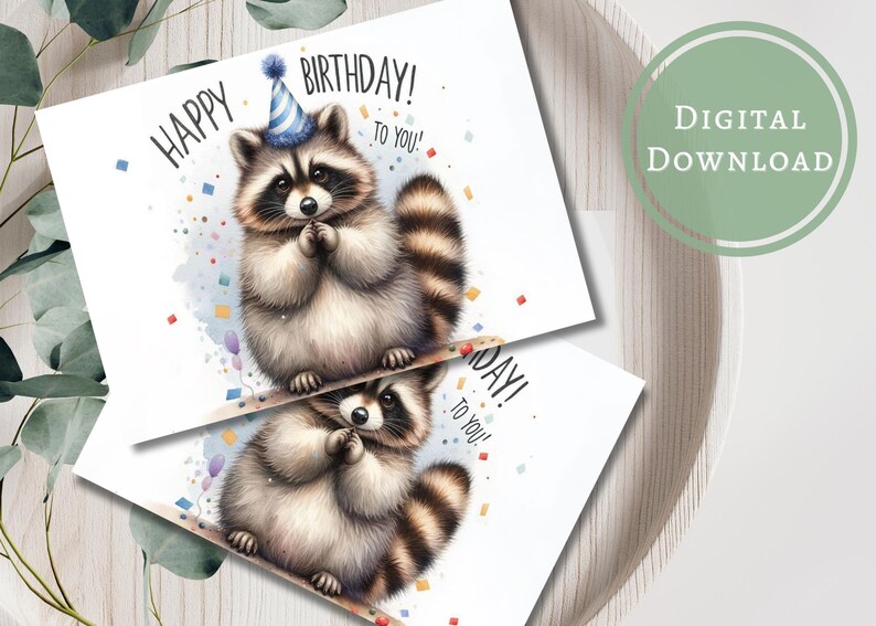 Cute Raccoon Birthday Card Printable Digital Download Greeting Gift for ...