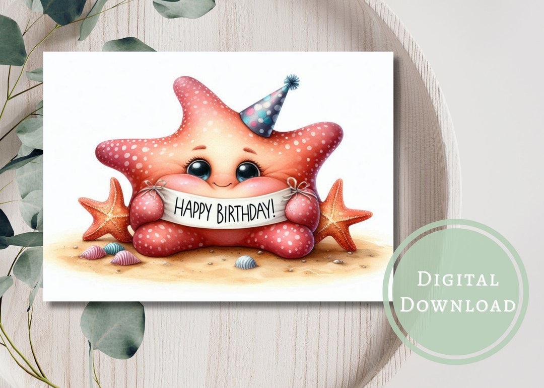 Cute Starfish Birthday Card Printable Digital Download Greeting Gift ...