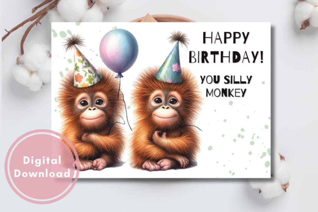 Cute Monkey Birthday Card Printable Digital Download Greeting Gift for ...