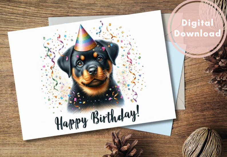 Rottweiler Birthday Card Cute Printable Digital Download Greeting Gift ...