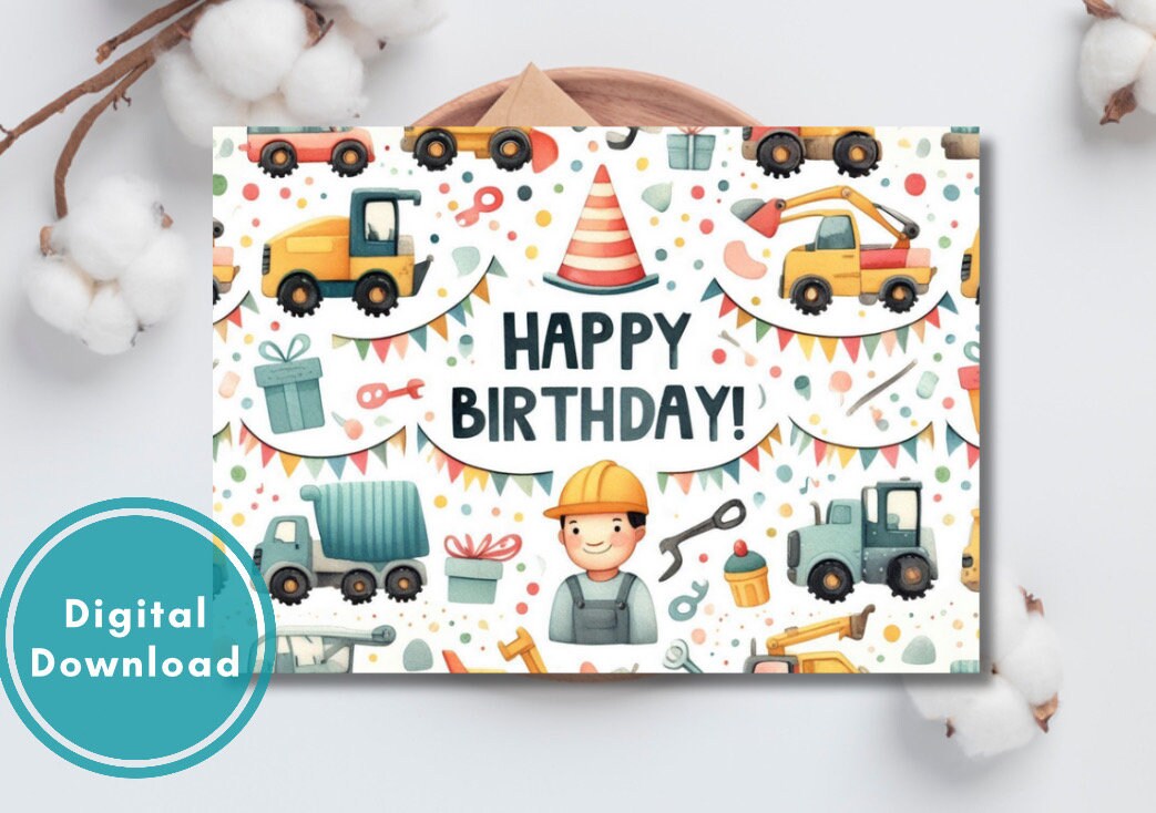 Construction Birthday Card Printable Digital Download Greeting Gift for ...