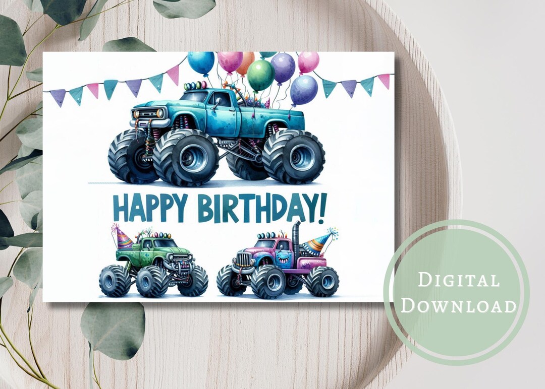 Monster Truck Birthday Card: Fun Printable Gift for Kids (digital ...