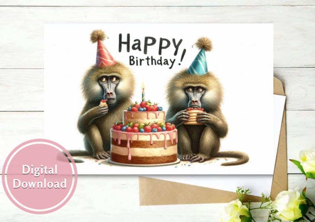 Funny Baboon Birthday Card Printable Monkey Digital Download Greeting ...