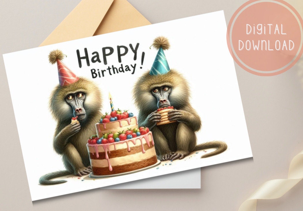 Funny Baboon Birthday Card Printable Monkey Digital Download Greeting ...