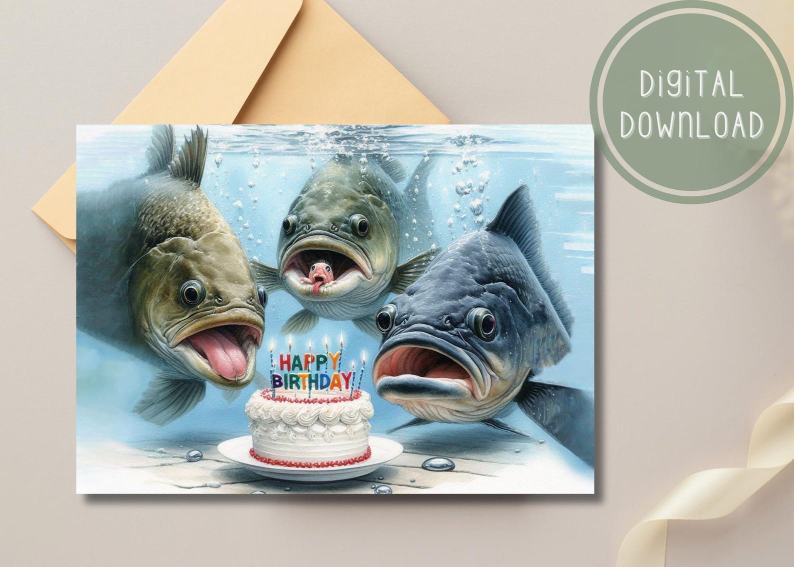 Funny Fish Birthday Card Printable Digital Download Greeting Gift for ...