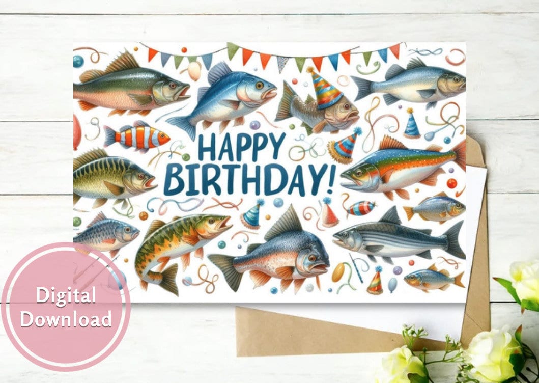 Fish Birthday Card Printable Digital Download Greeting Gift for ...