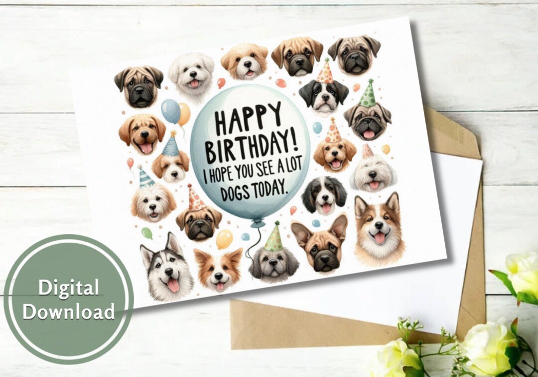 Puppy Birthday Card Cute Printable Digital Download Greeting Gift for ...