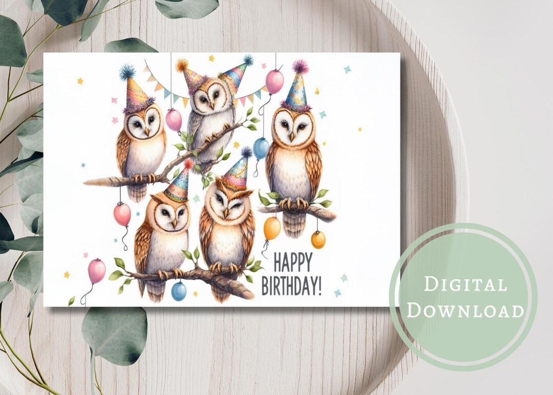 Owl Birthday Card Printable Digital Download Greeting Card for Animal ...