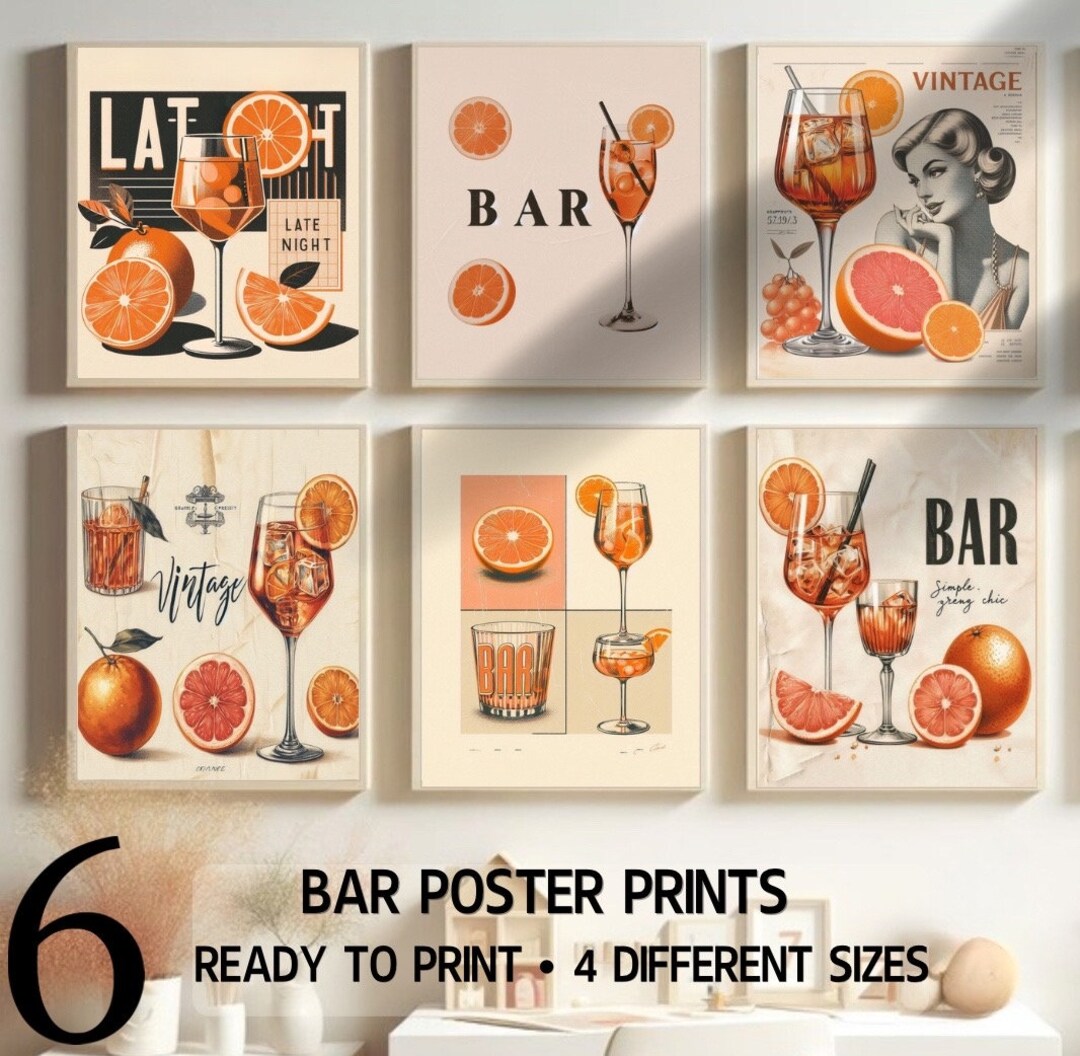 Retro Bar Art Printable Digital Download Set of 6 Wall Print Home Decor ...