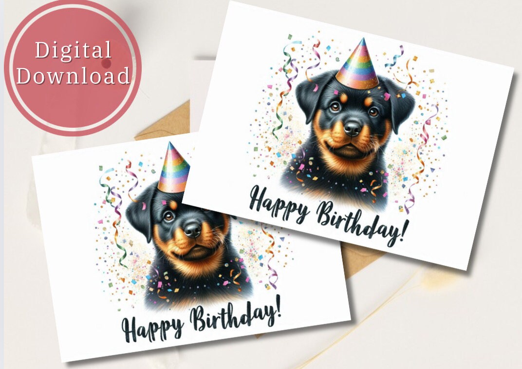 Rottweiler Birthday Card Cute Printable Digital Download Greeting Gift ...
