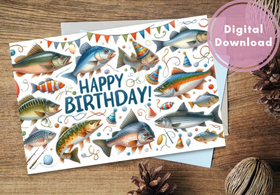 Fish Birthday Card Printable Digital Download Greeting Gift for ...