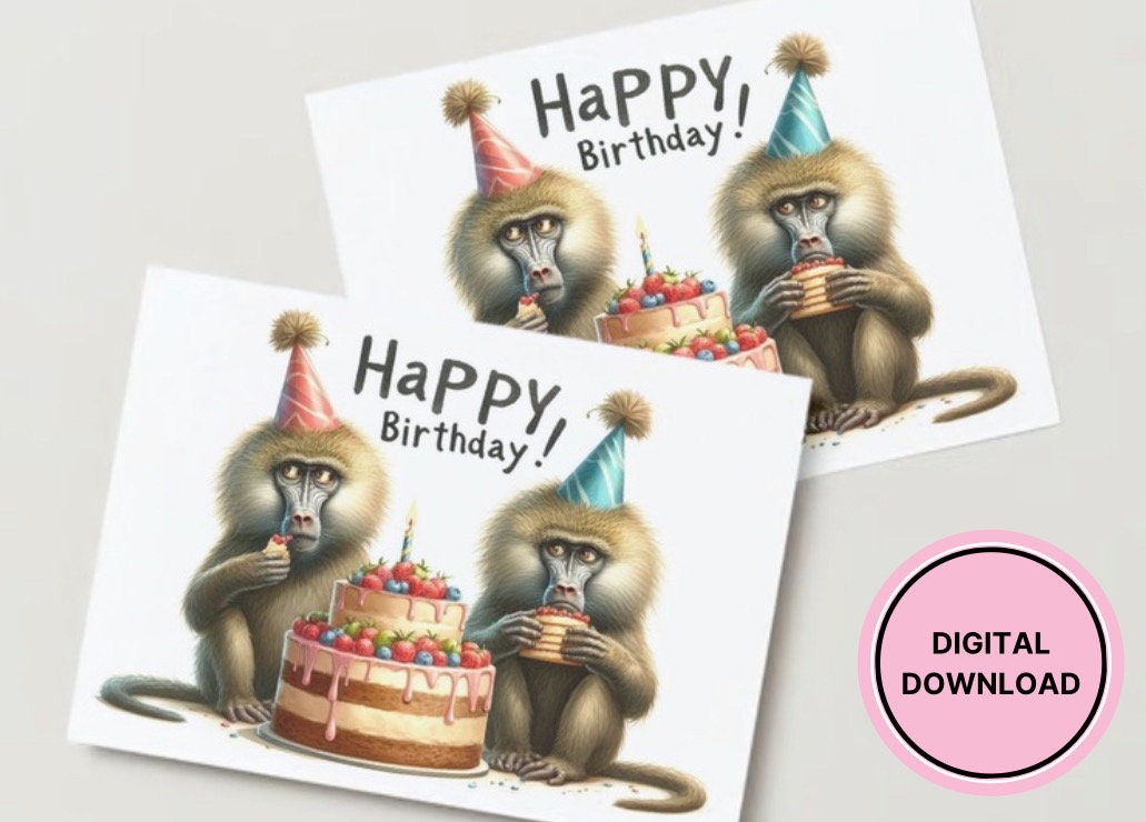 Funny Baboon Birthday Card Printable Monkey Digital Download Greeting ...