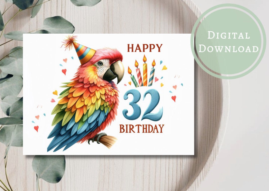 32nd Parrot Birthday Card Printable Digital Download Greeting Gift for ...