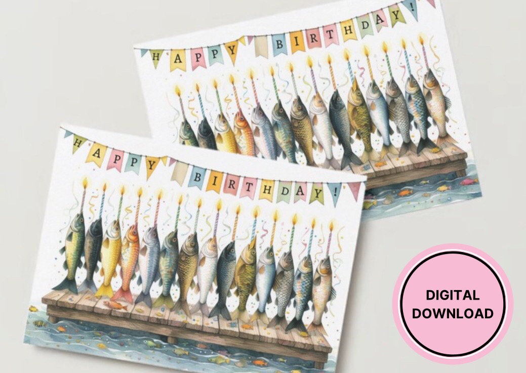 Fishing Birthday Card Printable Fish Digital Download Greeting Gift for ...
