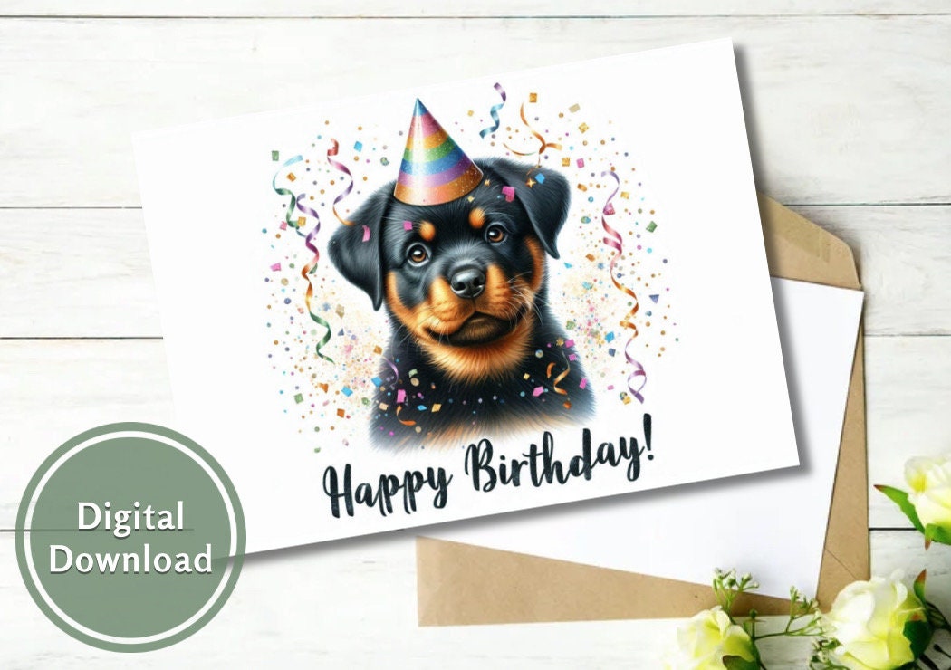 Rottweiler Birthday Card Cute Printable Digital Download Greeting Gift ...