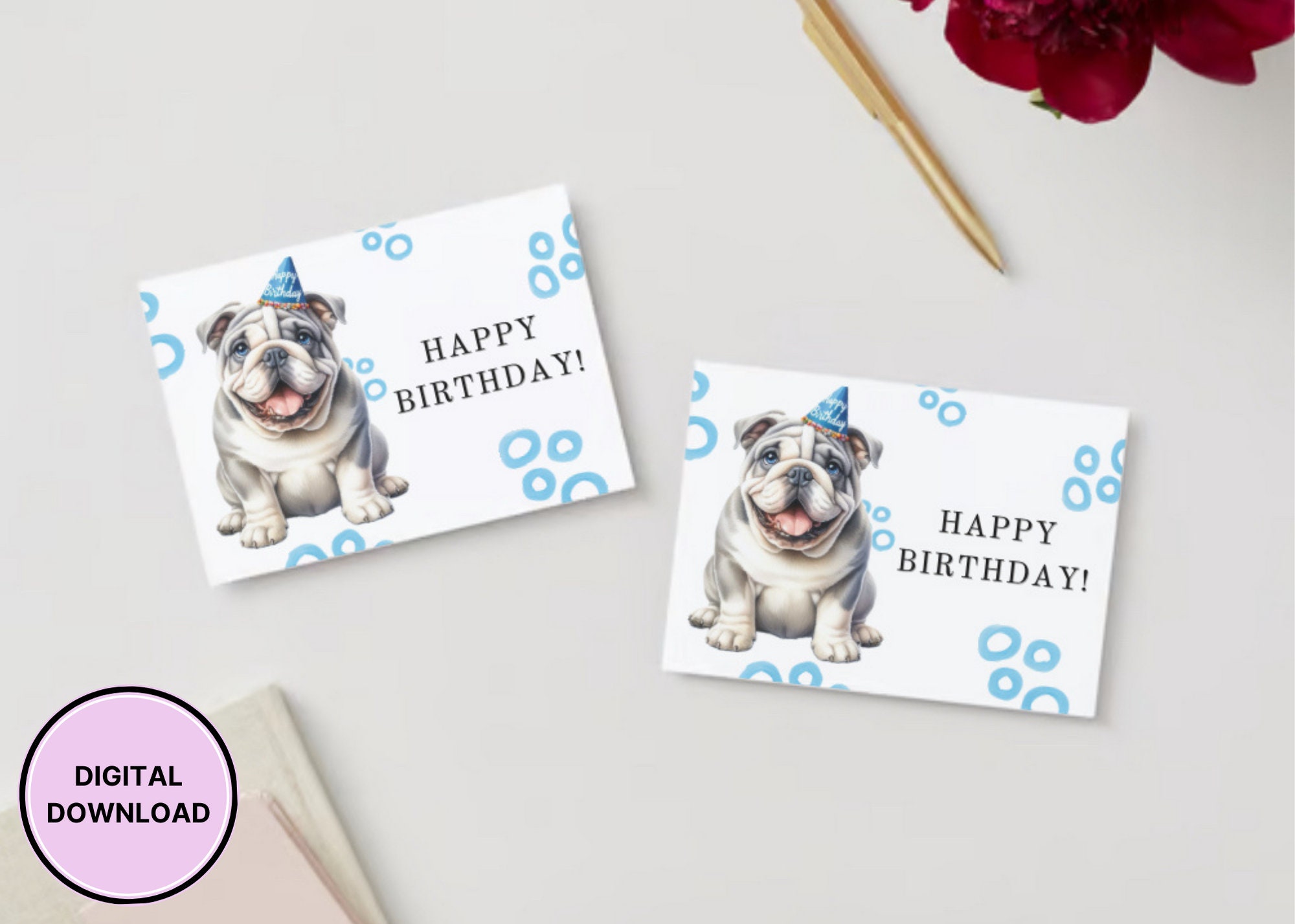 Bulldog Birthday Card Printable Puppy Digital Download Greeting Gift ...