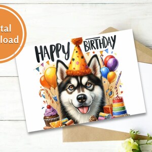 Husky Birthday Card Digital Download Dog Greeting Cards Gift Idea for ...