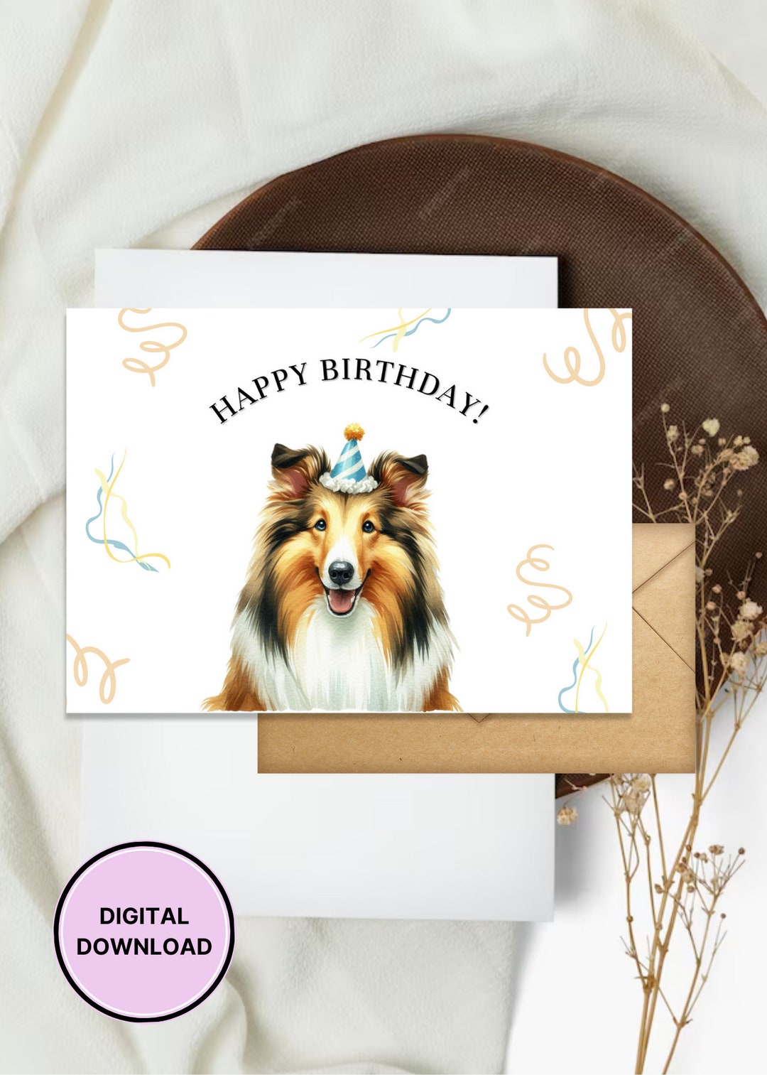 Collie Birthday Card Digital Download Greeting Card Cute Collie Printed ...