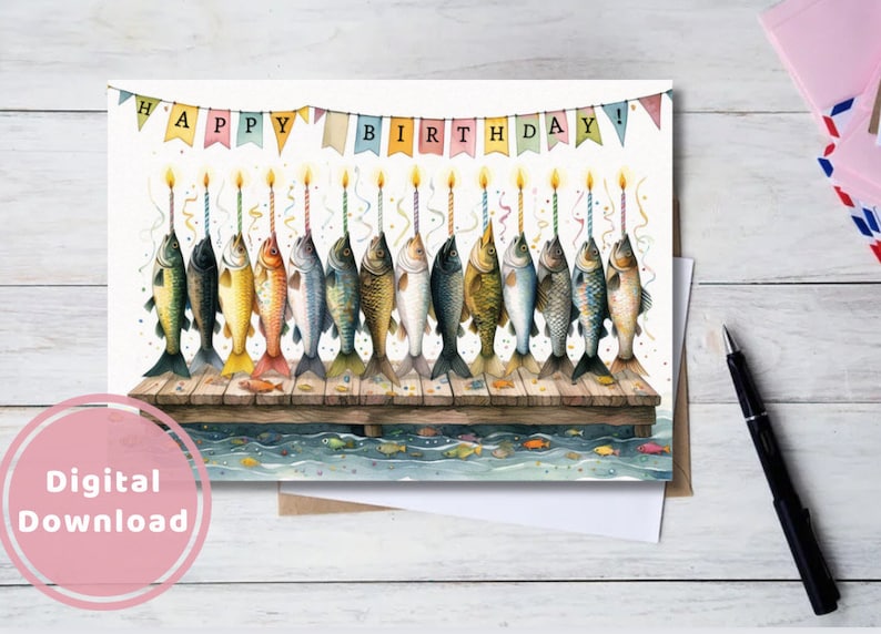 Fishing Birthday Card Printable Fish Digital Download Greeting Gift for ...