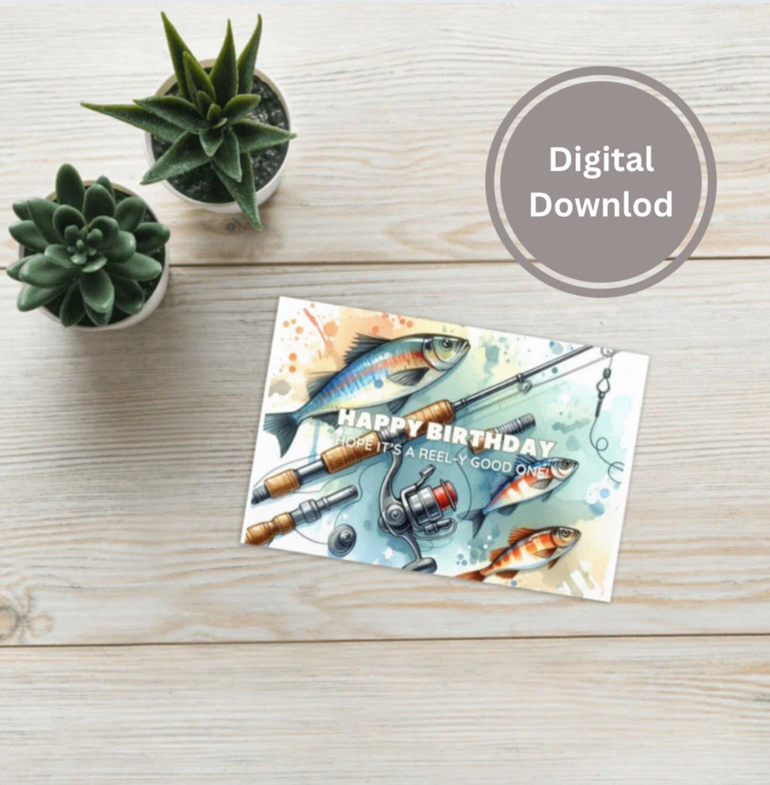 Fish Birthday Card Printable Fishing Digital Download Greeting Gift ...