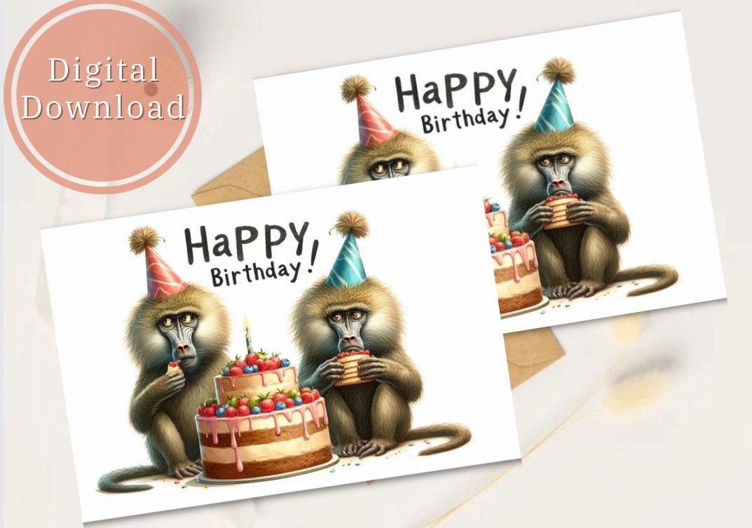 Funny Baboon Birthday Card Printable Monkey Digital Download Greeting ...