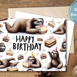 Funny Sloth Birthday Card Printable Digital Download Greeting Cute Gift ...