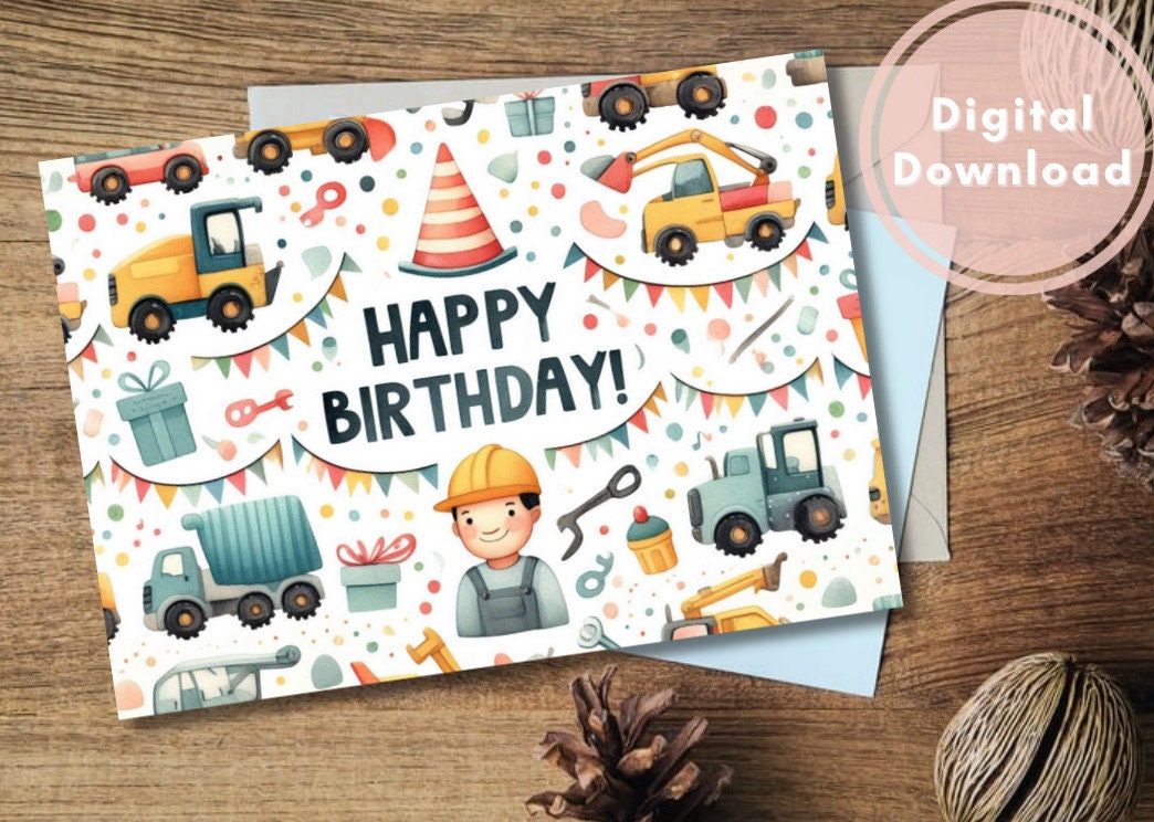 Construction Birthday Card Printable Digital Download Greeting Gift for ...