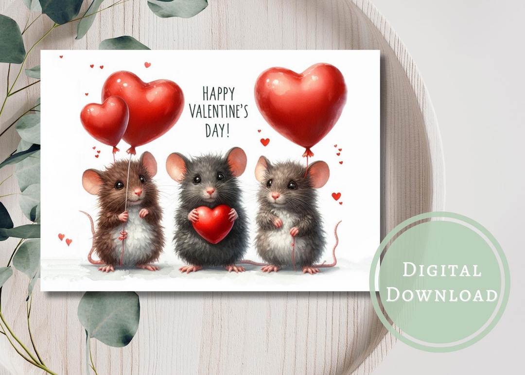 Cute Mouse Valentines Day Card Printable Digital Download Greeting Gift ...