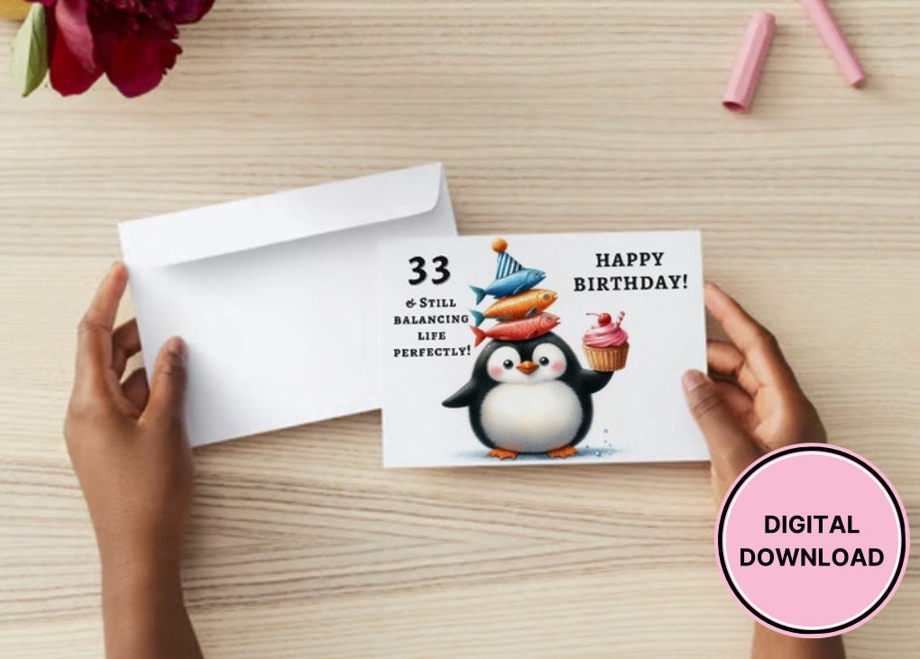 33rd Penguin Birthday Card Printable Digital Download Greeting Cute ...