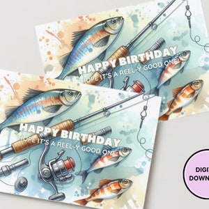 Fish Birthday Card Printable Fishing Digital Download Greeting Gift ...