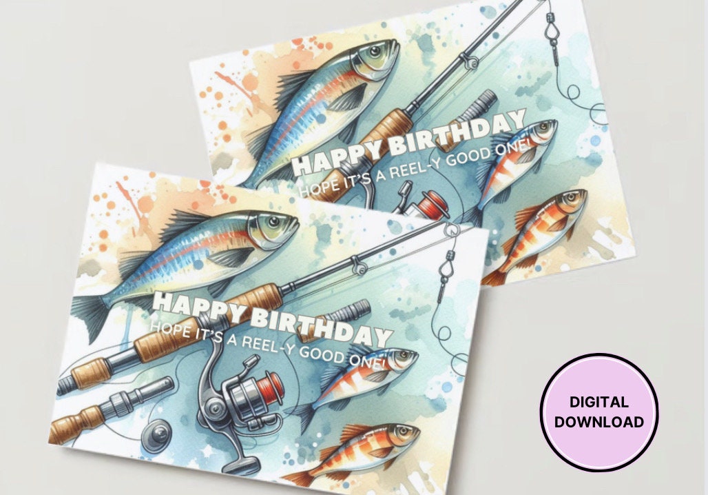 Fish Birthday Card Printable Fishing Digital Download Greeting Gift ...