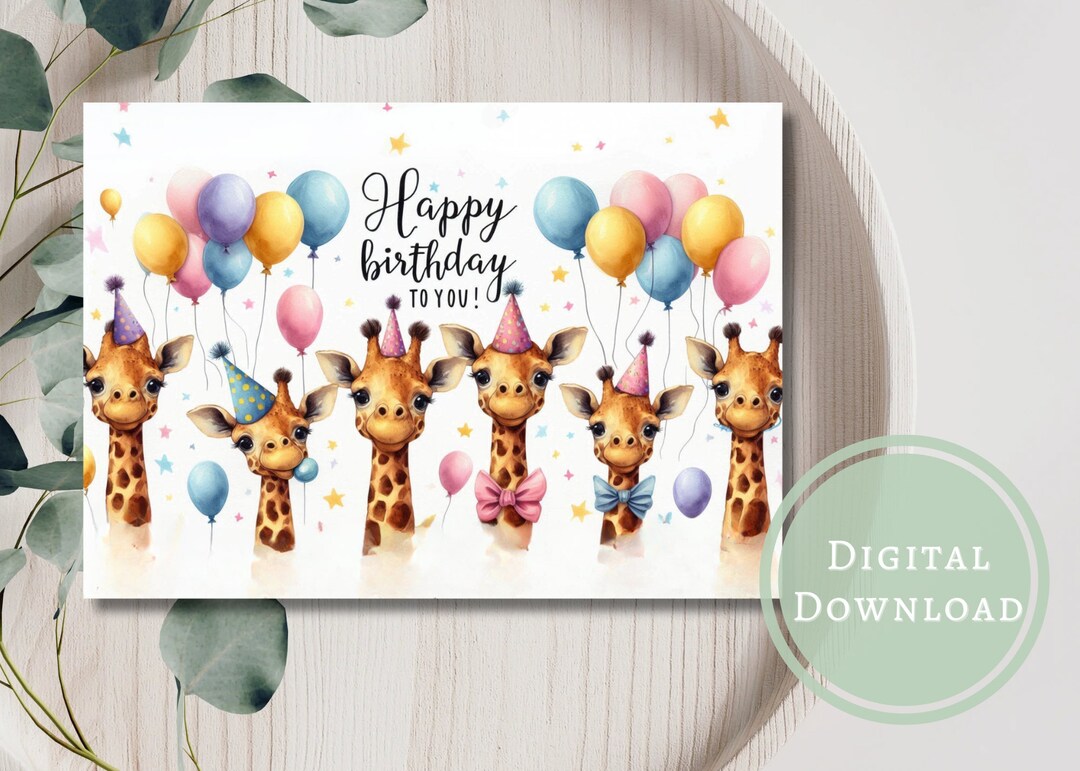 Sweet Giraffe Birthday Card Printable Digital Download Greeting Gift ...