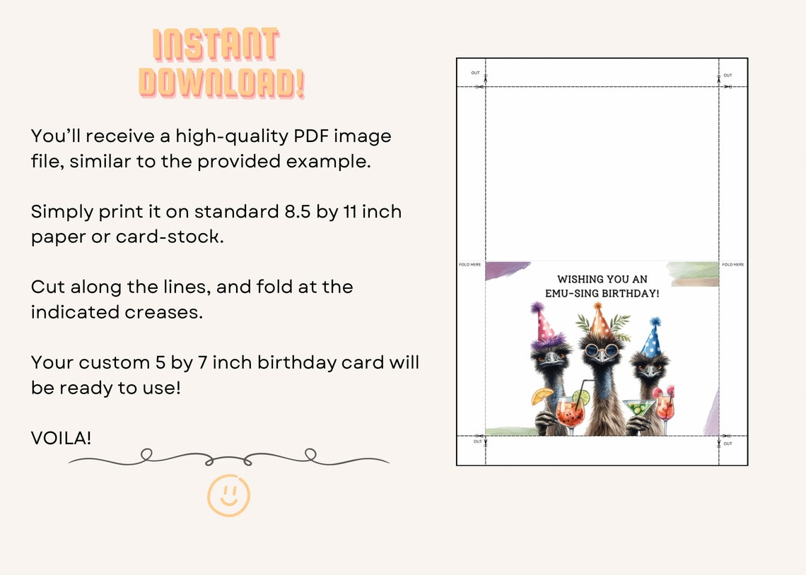 Funny Emu Birthday Card Printable Digital Download Greeting Gift for ...