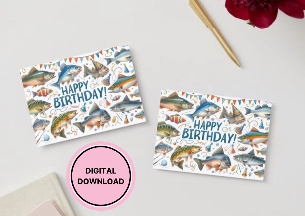 Fish Birthday Card Printable Digital Download Greeting Gift for ...