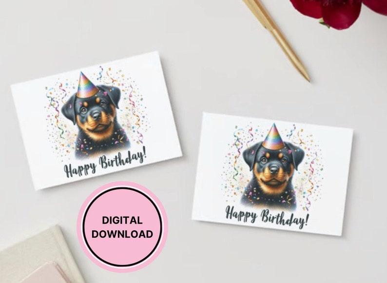 Rottweiler Birthday Card Cute Printable Digital Download Greeting Gift ...
