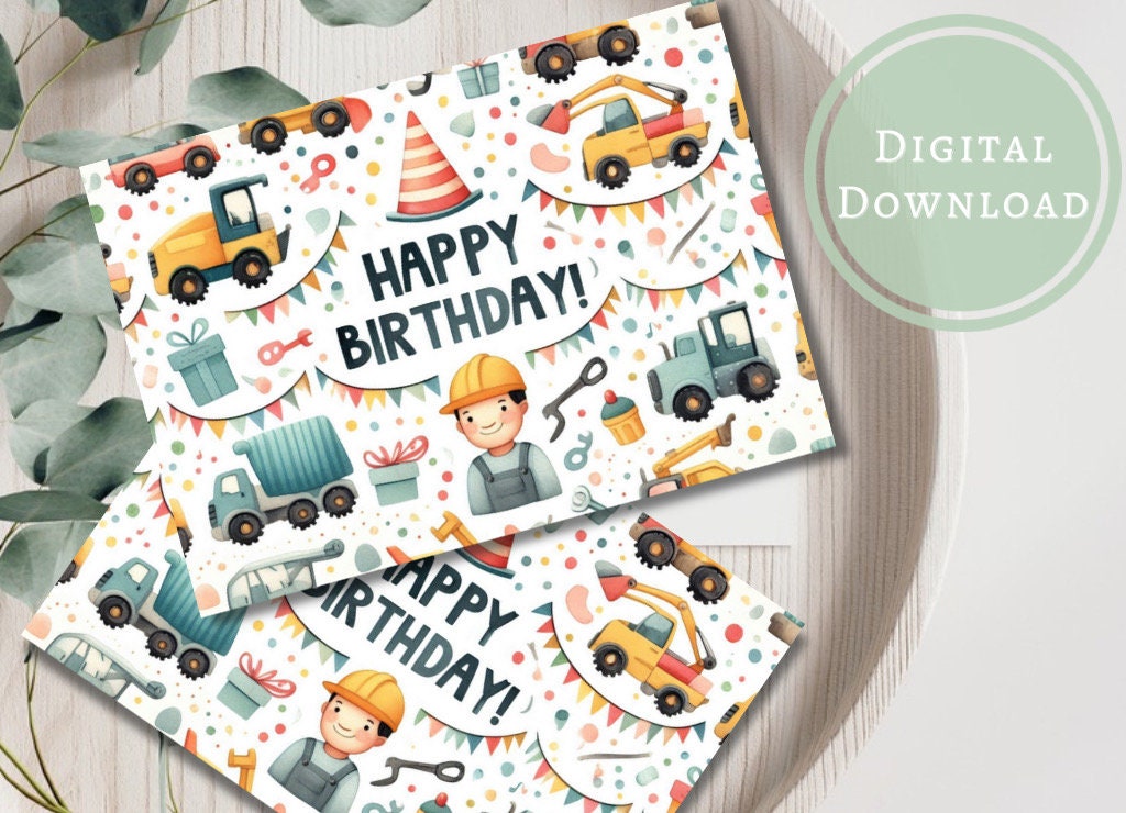 Construction Birthday Card Printable Digital Download Greeting Gift for ...