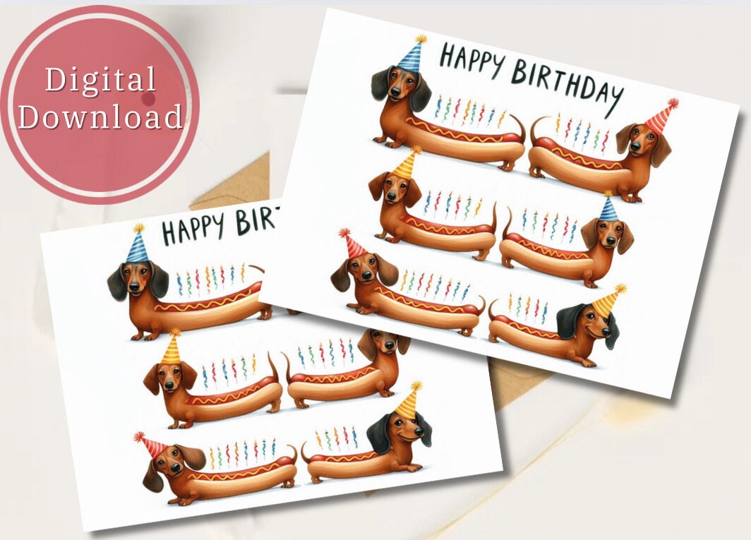 Dachshund Birthday Card Hotdog Printable Digital Download Greeting Gift ...